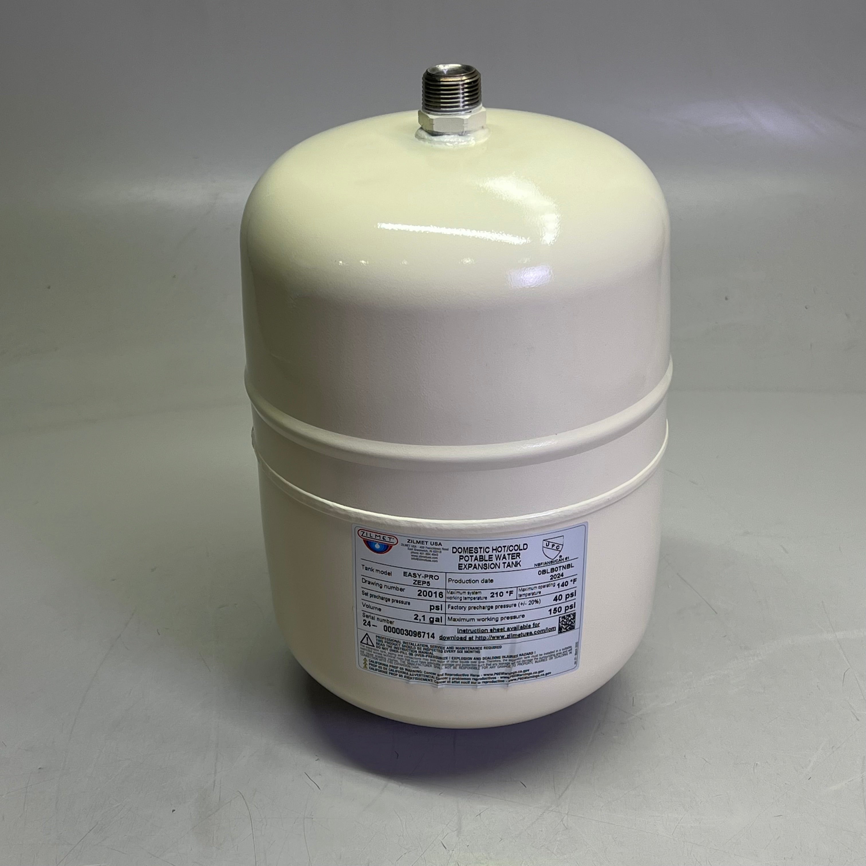 ZILMET Domestic Hot/Cold Potable Water Expansion Tank 2.1 Gal 3/4" NPT ...