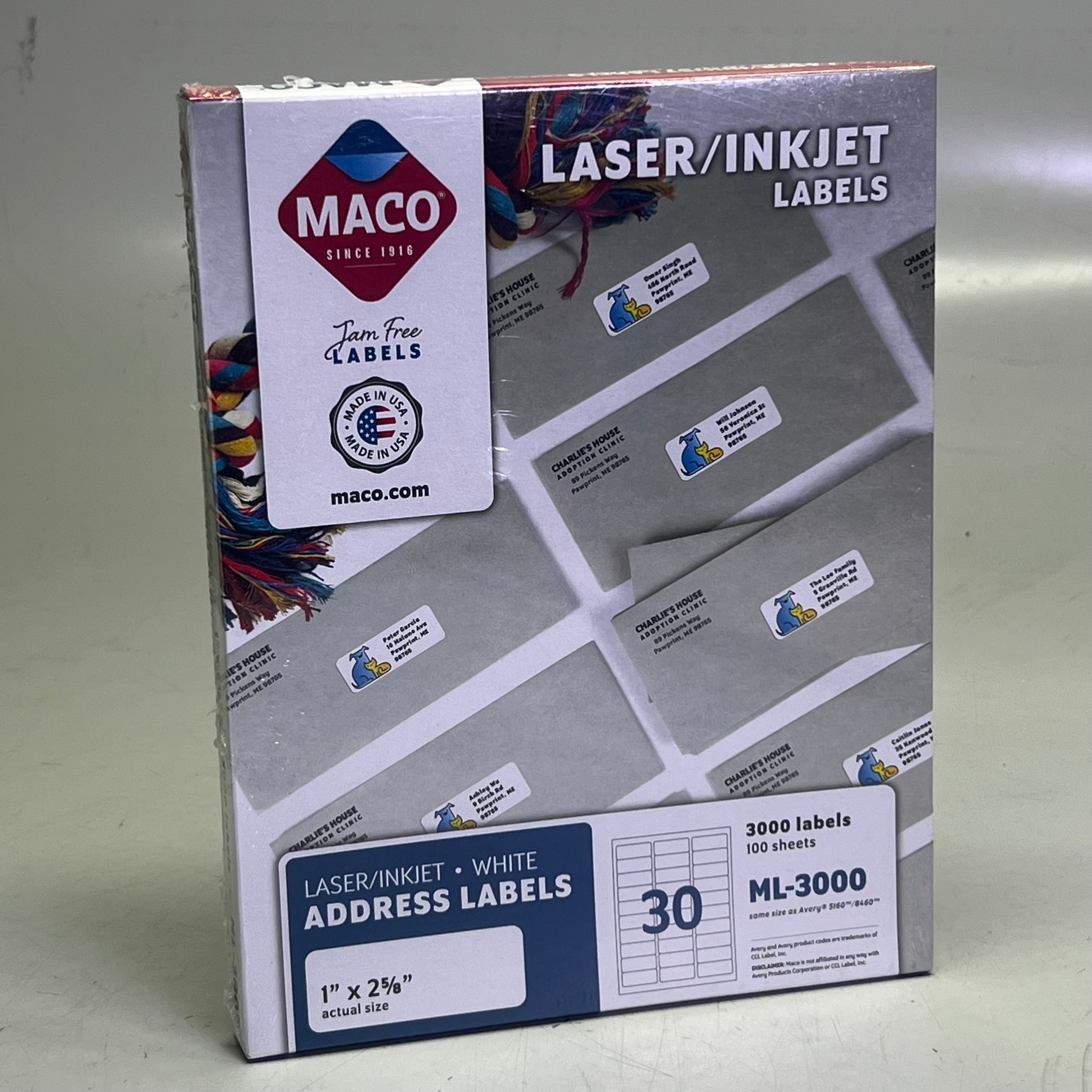 MACO (3000 Labels) Bright White Label Stock 1" x 2 5/8" White ML-3000 ...