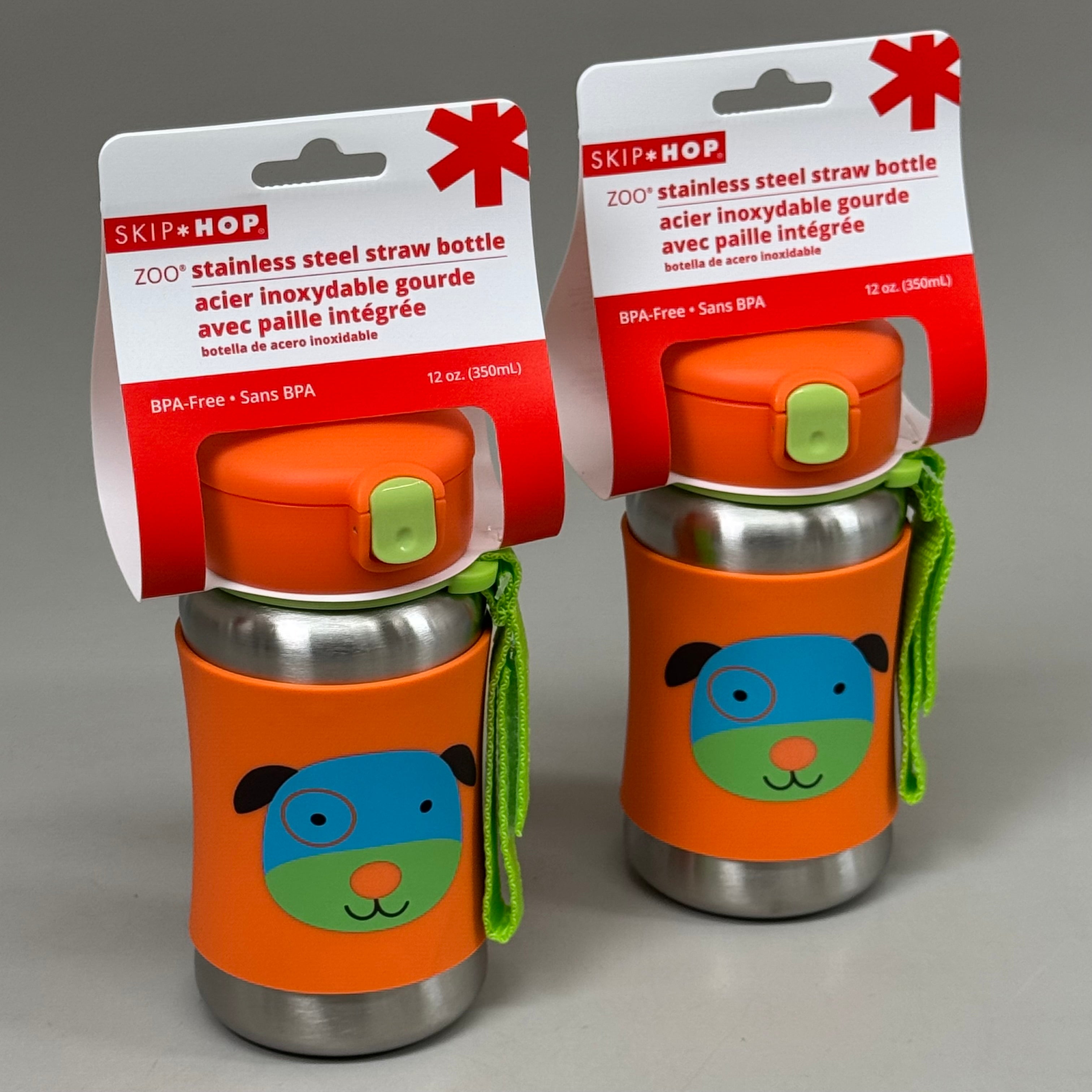 SKIP HOP (2 PACK) Zoo Stainless Steel Kids Straw Water Bottle Dog Ages ...